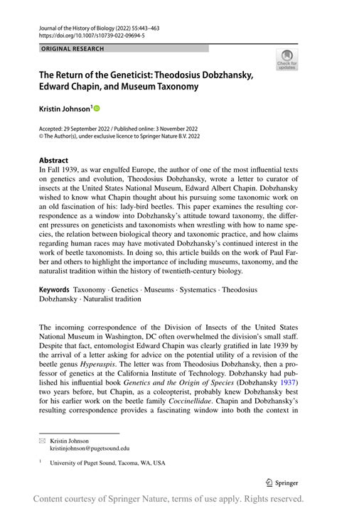 The Return Of The Geneticist Theodosius Dobzhansky Edward Chapin And