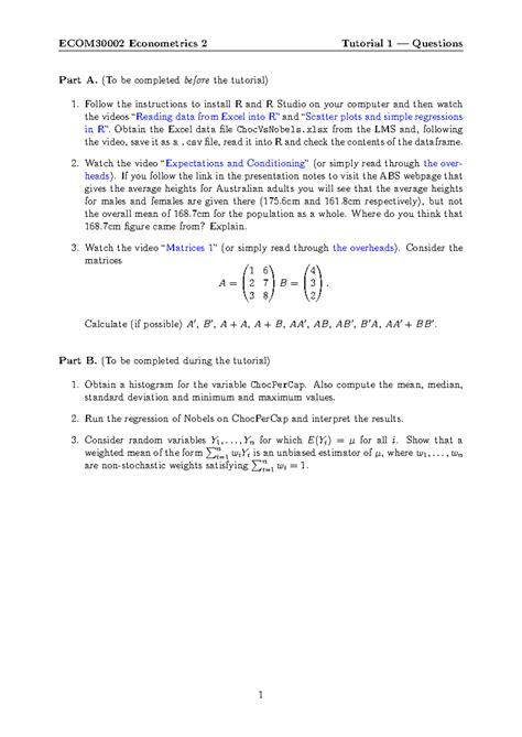 Tutorial 1 Ecom30002 Econometrics 2 Tutorial 1 — Questions Part A To Be Completedbeforethe