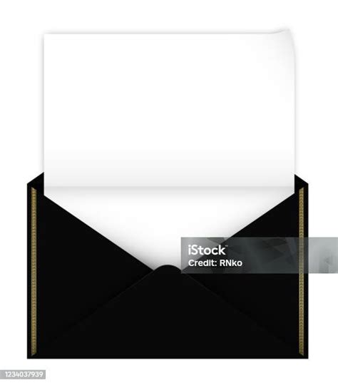 골드 그리스 장식과 현실적인 오픈 블랙 봉투 내부에 빈 용지 자세한 인사말 템플릿입니다 우편 제품 흰색의 격리 벡터 공란에 대한