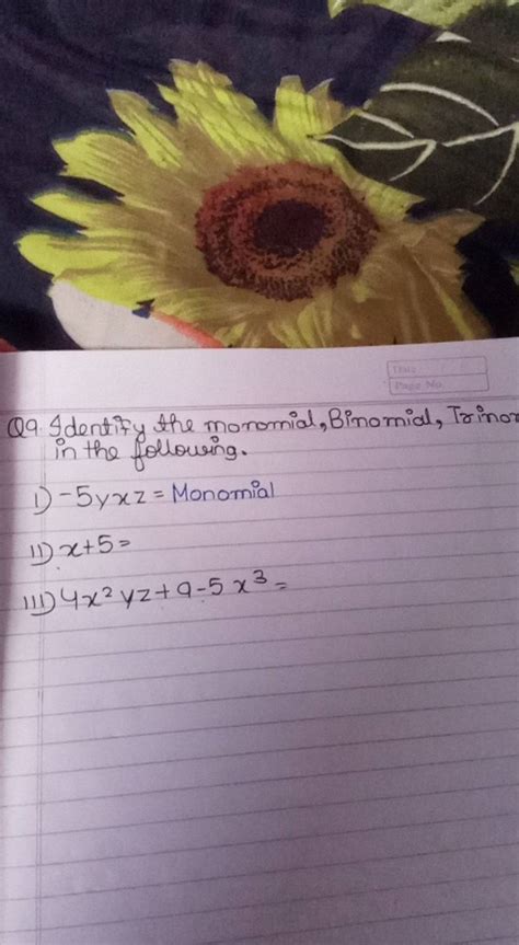 Q9 Identify The Monomial Binomial Trinor In The Following 1 5yxz M