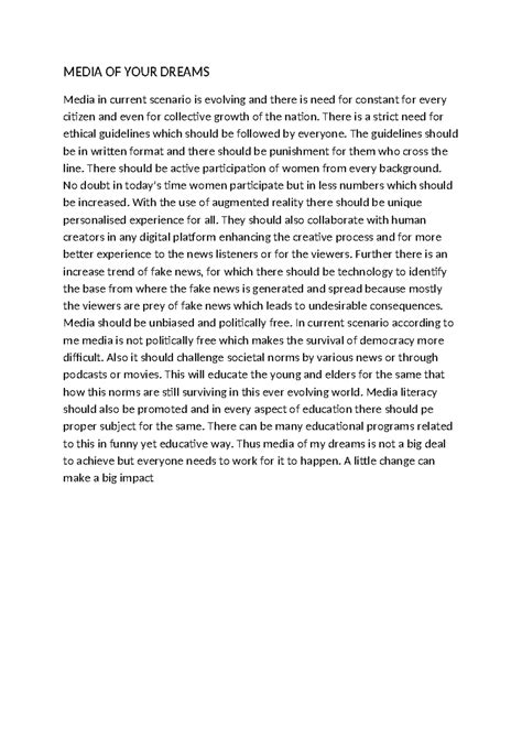 Media Of Your Dreams Assignment Media Of Your Dreams Media In