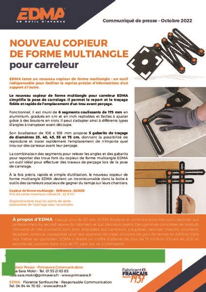 Edma Présente Son Copieur De Forme Multiangle Dédié Aux Carreleurs
