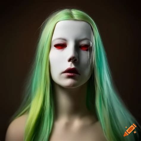 Pale Skinned Goddess With Green Hair And Red Eyes Wearing A White Theatrical Mask On Craiyon