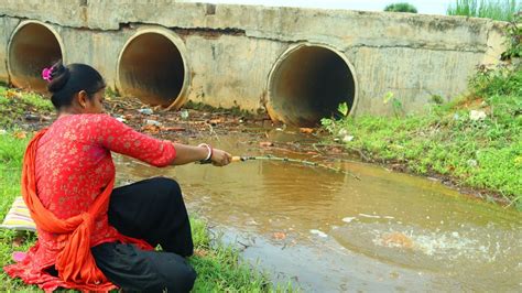 Fishing Video🎣 Village Lady Hook Fishing In Village Canal Catching