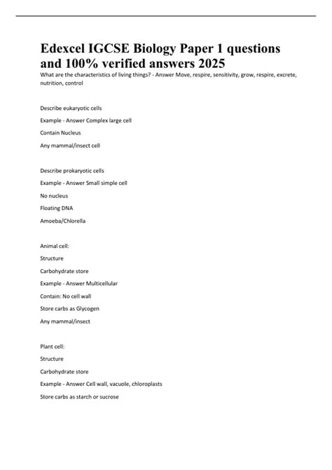 Edexcel Igcse Biology Paper 1 Questions And 100 Verified Answers 2025 Biology Stuvia Us