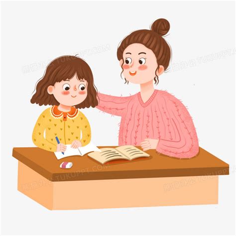 手绘卡通妈妈辅导女儿作业插画免抠元素PNG图片素材下载 卡通PNG 熊猫办公