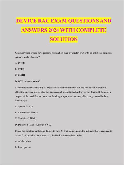 Device Rac Exam Questions And Answers 2024 With Complete Solution Rac