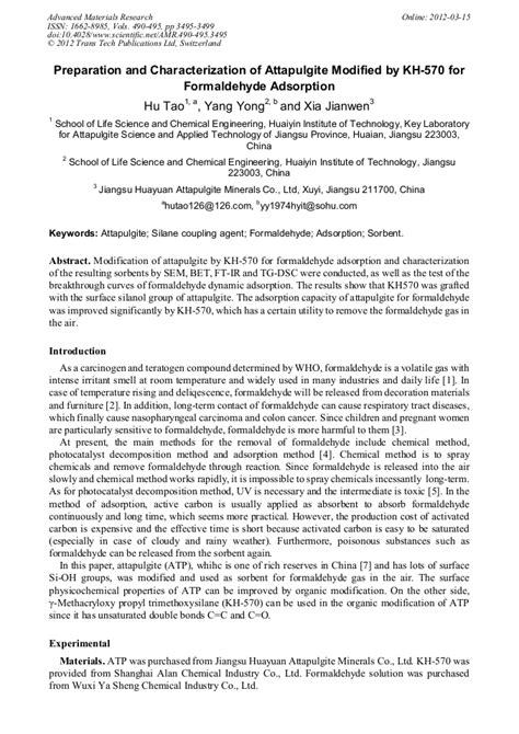 Preparation And Characterization Of Attapulgite Modified By Kh 570 For Formaldehyde Adsorption