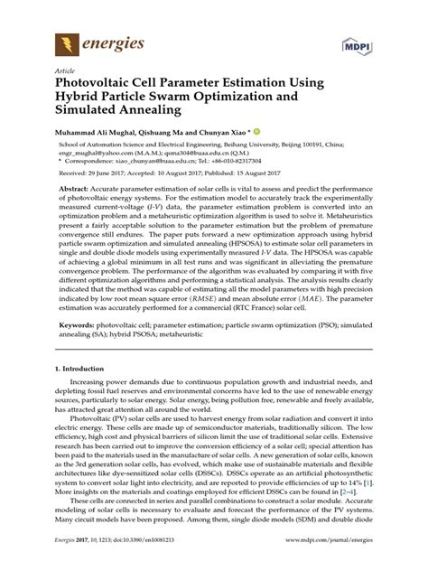 Energies Photovoltaic Cell Parameter Estimation Using Hybrid Particle