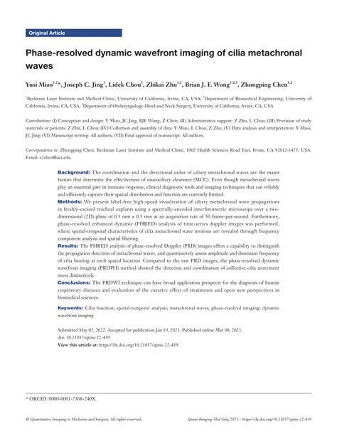 Pdf Phase Resolved Dynamic Wavefront Imaging Of Cilia Metachronal Waves
