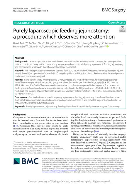 Pdf Purely Laparoscopic Feeding Jejunostomy A Procedure Which Deserves More Attention