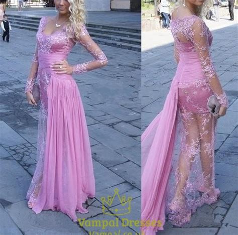 Lilac Long Sleeve Sheer Illusion Lace Sheath Prom Dress With Train