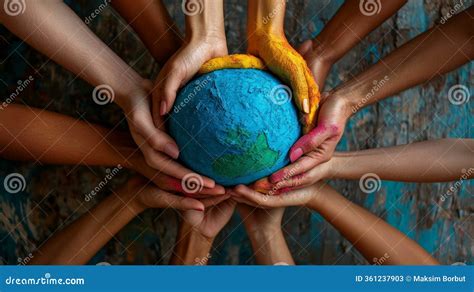 An Array Of Multicultural Hands Reaching Towards A Small Globe Centered On A Large World Map