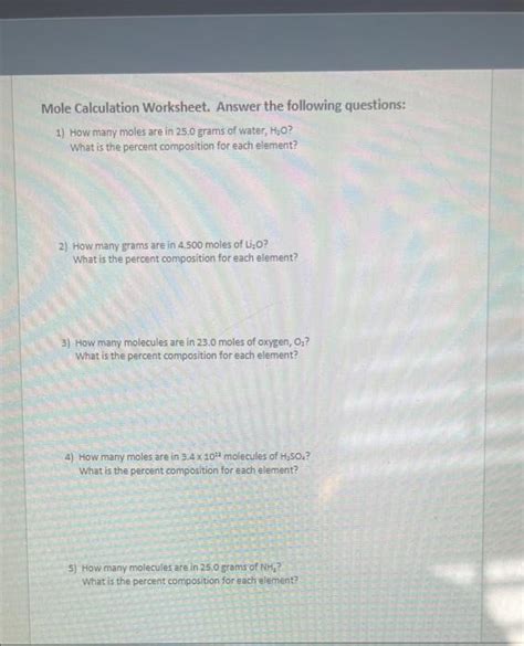 Solved Mole Calculation Worksheet Answer The Following
