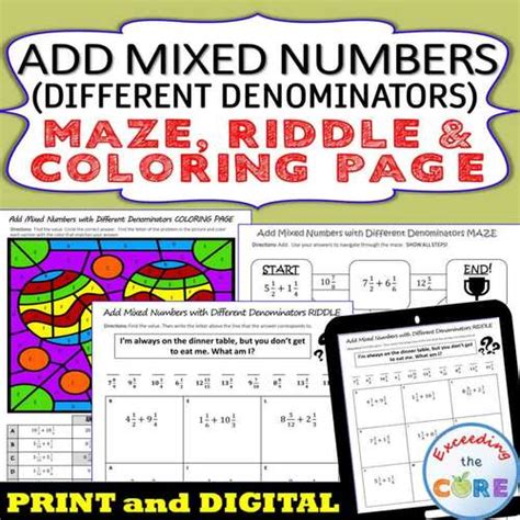 Add Mixed Numbers W Unlike Denominators Maze Riddle Coloring Page