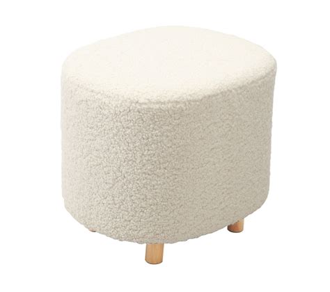Pouf En Tissu Bouclette Écru Imitation Laine Et Pieds En Bois Shaun