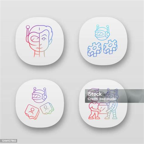 소프트웨어 봇 앱 아이콘 세트입니다 Ocialbot 트랜잭션 가장 로봇 인공 지능 사이보그 Ai Ui Ux 사용자 인터페이스 웹 또는 모바일 응용 프로그램입니다 벡터 절연