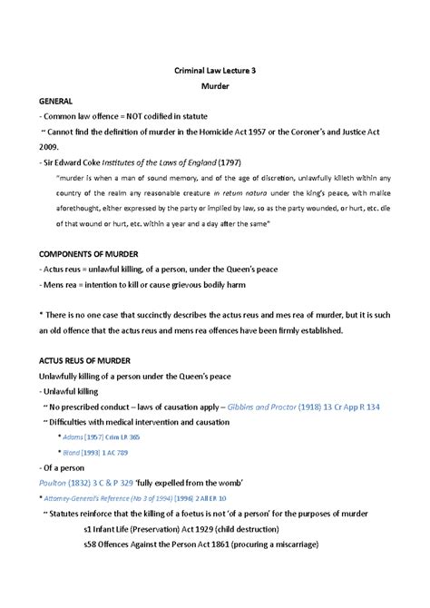 Criminal Law Lecture 3 Notes Criminal Law Lecture 3 Murder General Common Law Offence Not