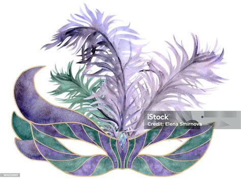 손으로 그린 수채화 마디 그라 카니발 기호입니다 극장 가장 무도회 서커스 가면 깃털 금색 보라색 녹색 흰색 배경에 고립된 단일