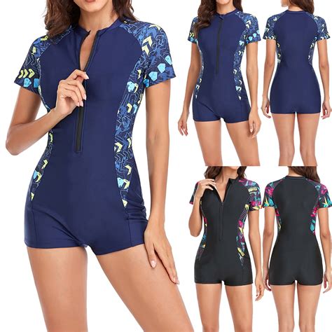 Gosuguu One Piece Swimsuit Shorts For Women Short Sleeve Rash Guard Uv