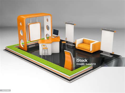 3d 일러스트 고유의 크리에이티브 전시 스탠드 디스플레이 디자인 테이블과 의자 정보 보드 롤업 부스에 대한 스톡 사진 및 기타 이미지 Istock