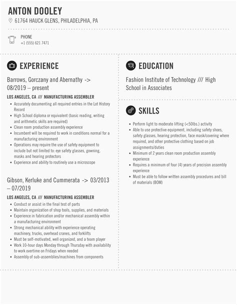 Manufacturing Assembler Resume Samples Velvet Jobs