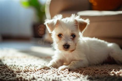 Small White Dog Laying On Top Of A Rug Stock Image Image Of Cozy