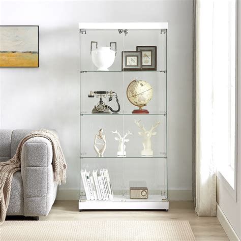 4 Tier Glass Display Cabinet Double Door Glass Cabinet Four Partitio
