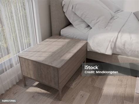 3d 렌더링은 현대 침대가 있는 야간 테이블 또는 침대 옆 탁자의 빈 공간을 닫습니다 사이드 테이블에 대한 스톡 사진 및 기타
