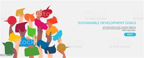 Sdgs 개발 목표 환경 남자의 손은 아이디어를 교환하고 투표로 말풍선을 들고 있습니다 팀 협력 및 전달 배너 템플릿 메시지 벡터 그림이 있는 다양성 그룹 17에 대한 스톡