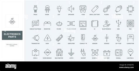 Microchip And Diode Hardware Transistors Capacitors And Resistors Thin Black Outline Symbols