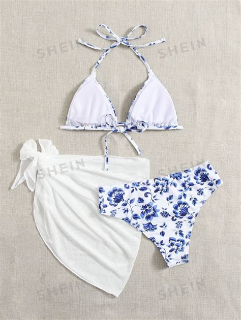 Shein Swim Mod 3pack Floral Print Halter Triangle Bikini Swimsuit