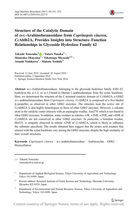 Structure Of The Catalytic Domain Of α L Arabinofuranosidase From Coprinopsis Cinerea Ccabf62a