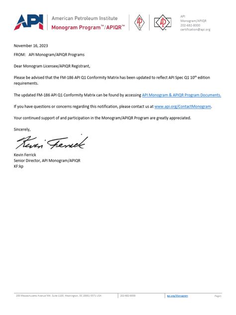 Fm 186 Api Q1 Conformity Matrix 10th Edition Update Notification
