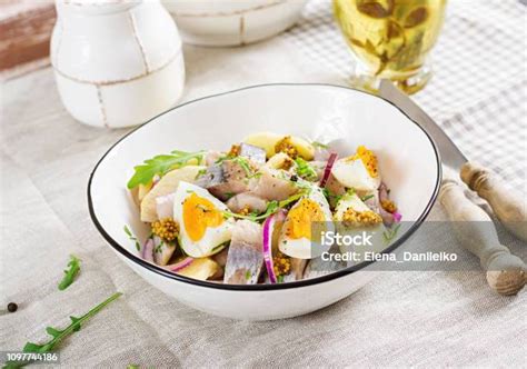 소금에 절인된 청 어 필렛 신선한 사과 빨간 양파 및 계란의 전통 샐러드 정 결 한 음식입니다 스 칸디 나 비아 요리입니다