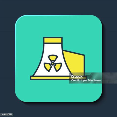 青の背景に塗りつぶされたアウトライン原子力発電所のアイコンエネルギー産業のコンセプトターコイズ色の四角いボタンベクトル いっぱいになるの