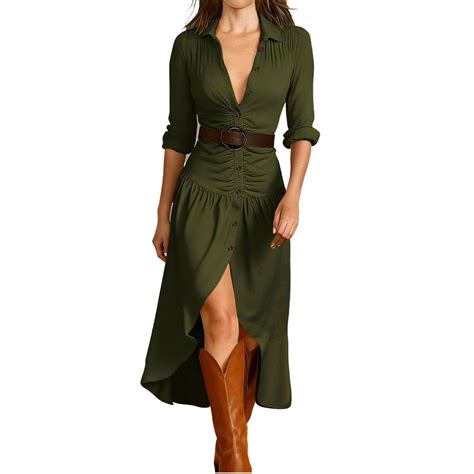 Ygbgbb Womens Long Sleeve Collared Shirt Dress With Belt Ruched High