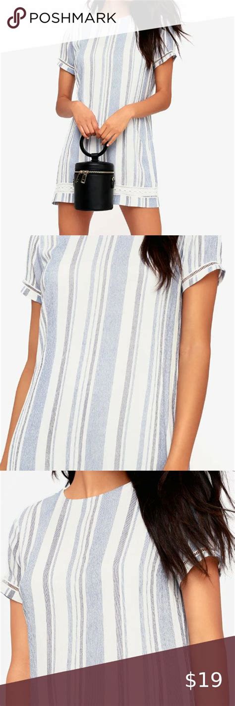 Lulus Blue And White Striped Embroidered Shift Dress Embroidered