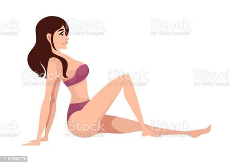 아름다운 여성 보라색 수영복 앉아있는 만화 캐릭터 디자인 평면 벡터 일러스트 귀여운에 대한 스톡 벡터 아트 및 기타 이미지