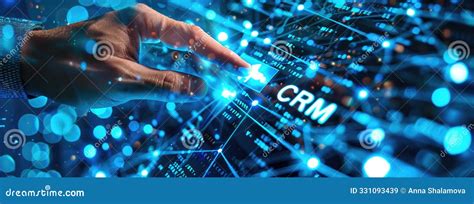 Hand Pointing At Digital Crm Interface With Futuristic Data