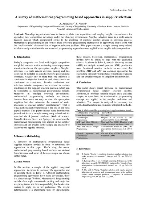 Pdf A Survey Of Mathematical Programming Based Approaches In Supplier