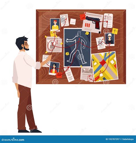 Cartoon Detective Man Looking At Crime Board With Murder Investigation