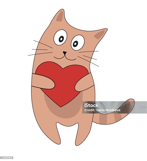 발에 심장이 있는 귀여운 갈색 줄무늬 고양이 로맨틱 발렌타인 데이 벡터 그림 낙서 인사말 카드 또는 포스터 0명에 대한 스톡