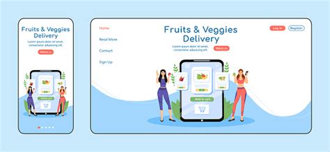 녹색 배달 서비스 적응 착륙 페이지 플랫 컬러 벡터 템플릿 그린 식료품 모바일 및 Pc 홈페이지 레이아웃 채소는 한 페이지 웹 사이트 Ui를 주문합니다 택배 서비스 웹페이지