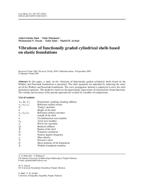 Pdf Vibrations Of Functionally Graded Cylindrical Shells Based On