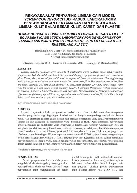 PDF Rekayasa Alat Penyaring Limbah Cair Model Screw Conveyor Studi Kasus Laboratorium
