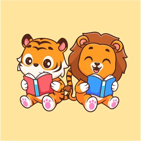 Livro de leitura de tigre e leão bonito desenho animado ícone vetorial