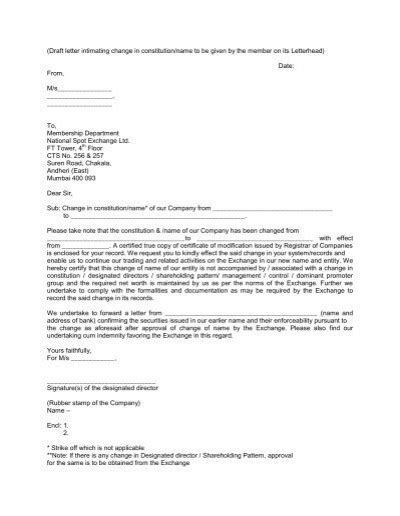 Draft Letter Intimating Change In Constitution Name To Be Given By The