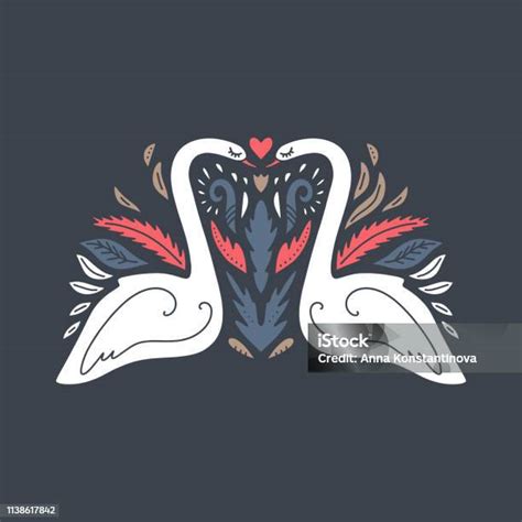 하얀 백조 커플입니다 스칸디나비아 스타일의 새 들 북유럽 민속 장식 꽃 패턴입니다 라벨 인쇄 벡터 일러스트 가정 주방에 대한