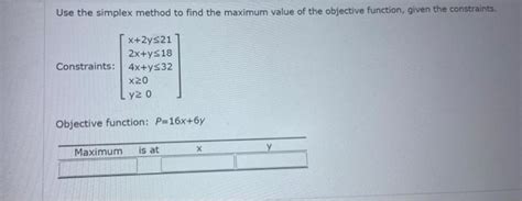Solved Use The Simplex Method To Find The Maximum Value Of Chegg